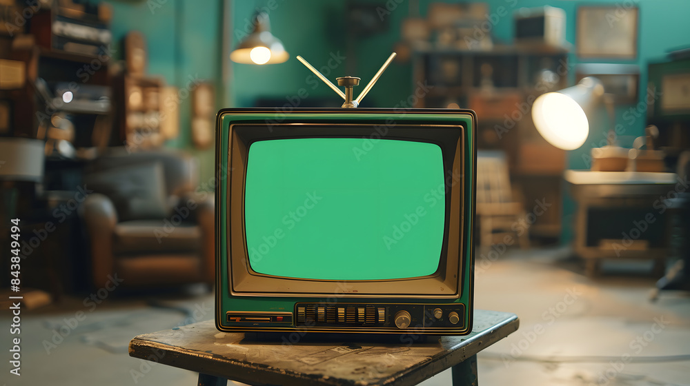 retro box TV with green screen mock-up on the table. Vintage television ...