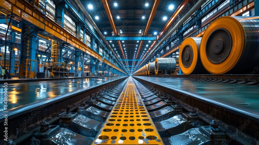 Steel coils line up beside rail tracks inside an industrial factory ...
