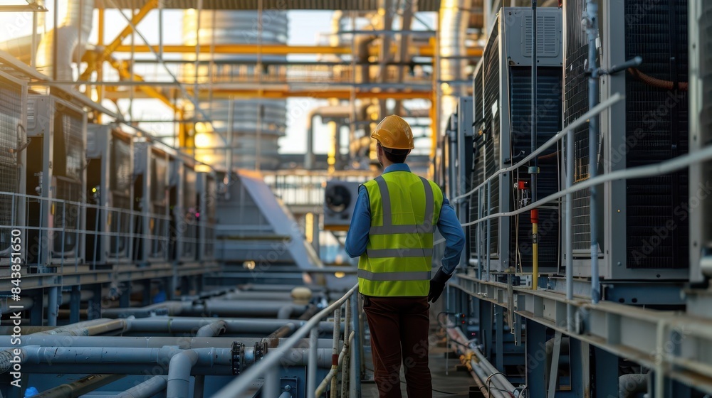 industrial cooling tower maintenance engineer inspecting hvac air ...