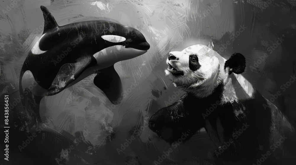 monochromatic duo orca and panda in black and white color scheme ...