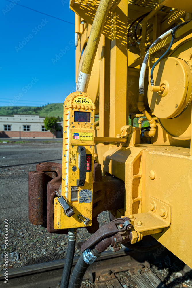 La Grande, Oregon, USA - May 12, 2024: The end-of-train device on the rear of a Jordan Spreader ...