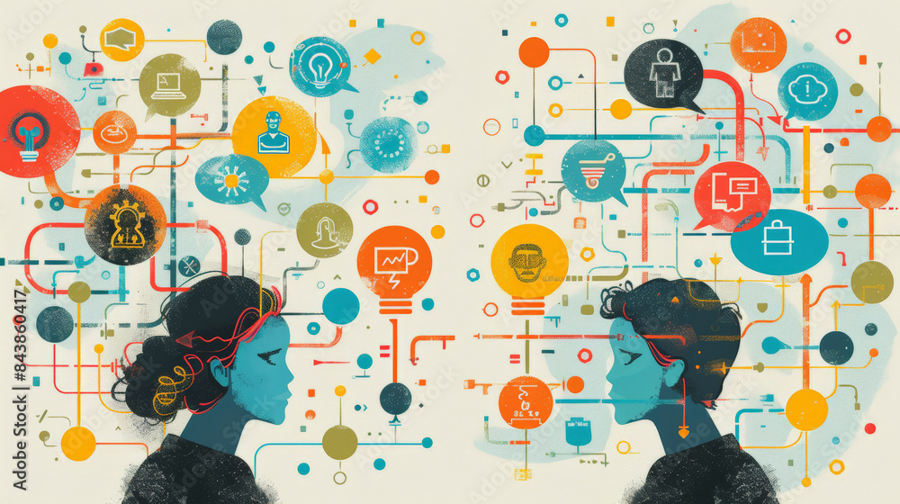 Two people with interconnected thoughts illustrated by various symbols ...
