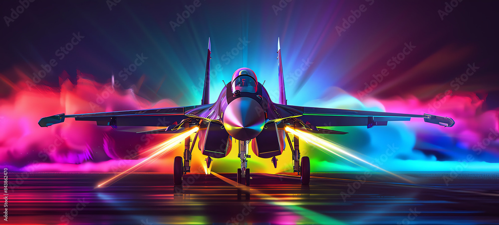 A jet fighter emitting a rainbowcolored shockwave while breaking the ...