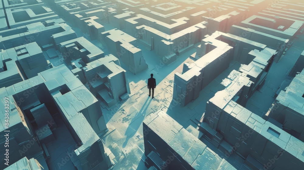 puzzled man standing in the center of a complex maze problem solving ...