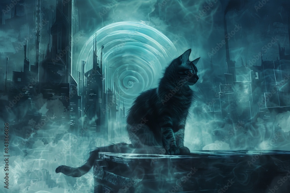 A haunting of a cat in a dystopian fantasy environment, with ...