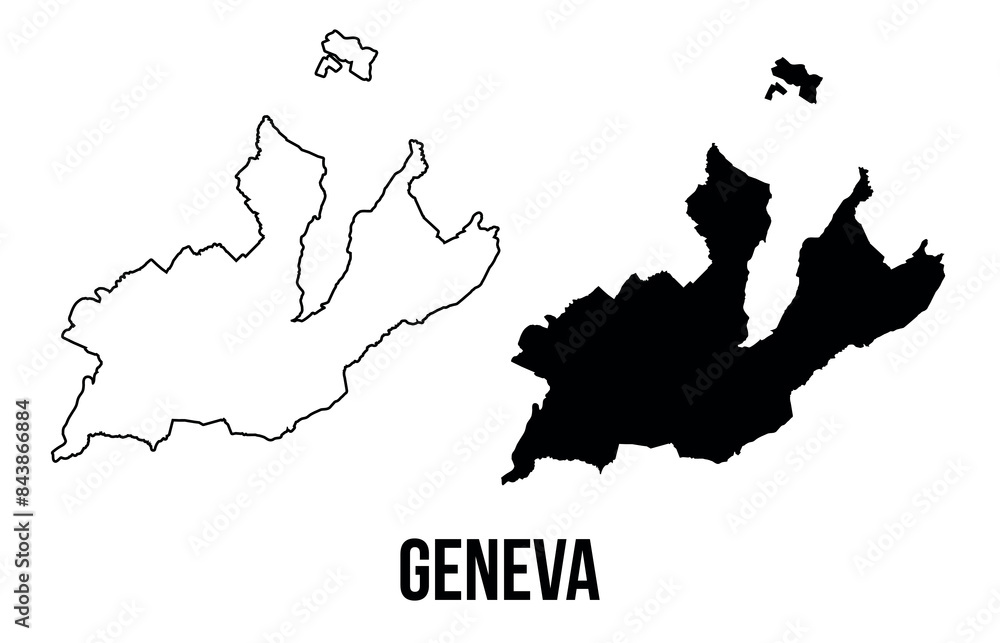 Poster Geneva city silhouette map with black vector outline on white ...