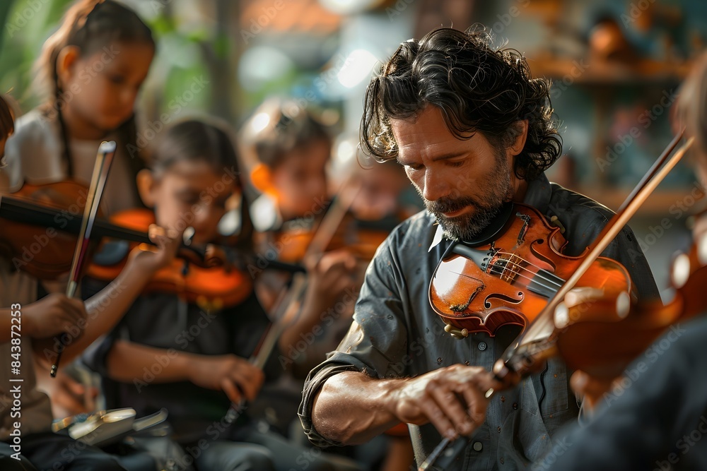 music teacher playing violin at the violin class, music teacher ...
