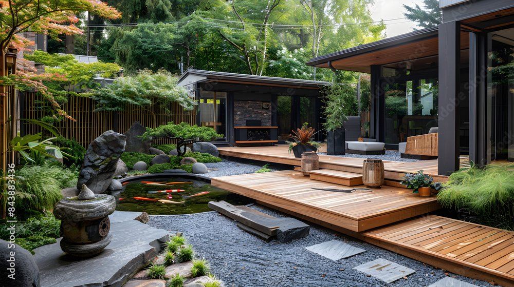 Japanese-Inspired Patio Terrace with bamboo fencing, stone lanterns, a ...