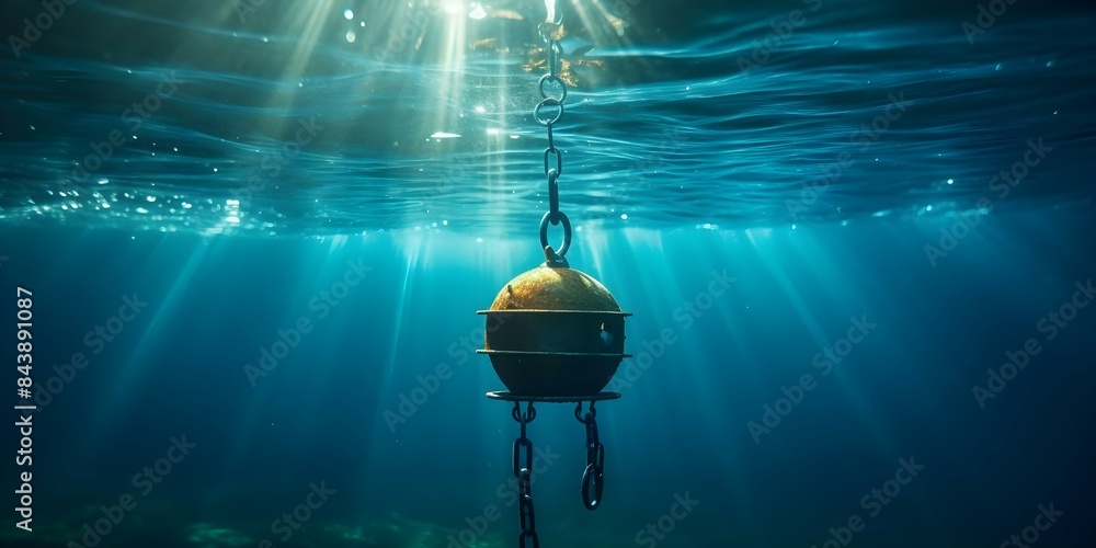 Underwater shot of fishing gear float line and hook suspended ...