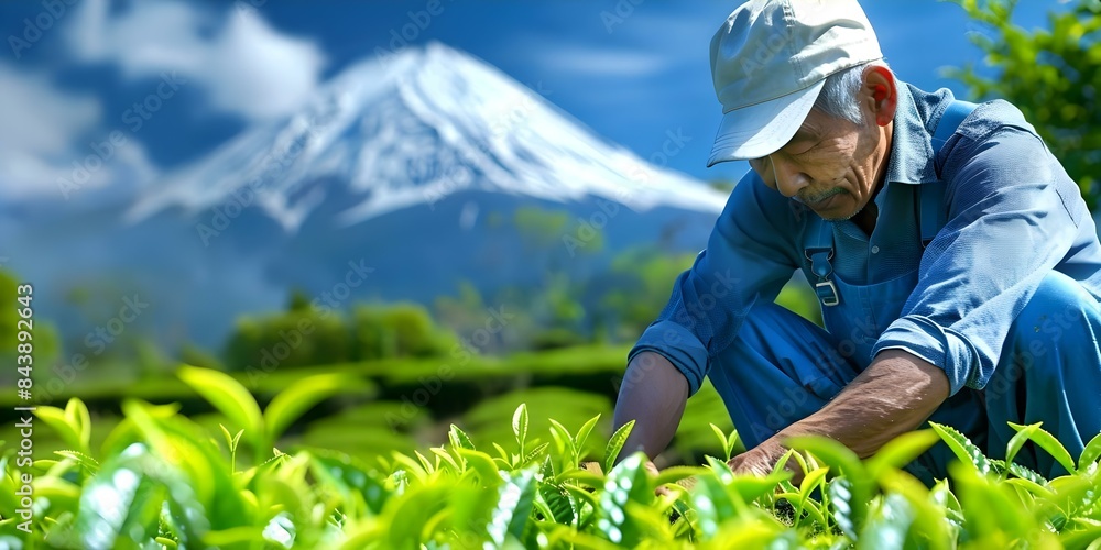 Japanese man working in traditional tea farm with Mt Fuji backdrop ...