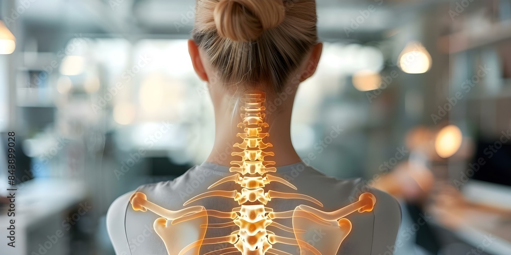 Womans highlighted spine in office showing neck and back pain. Concept ...