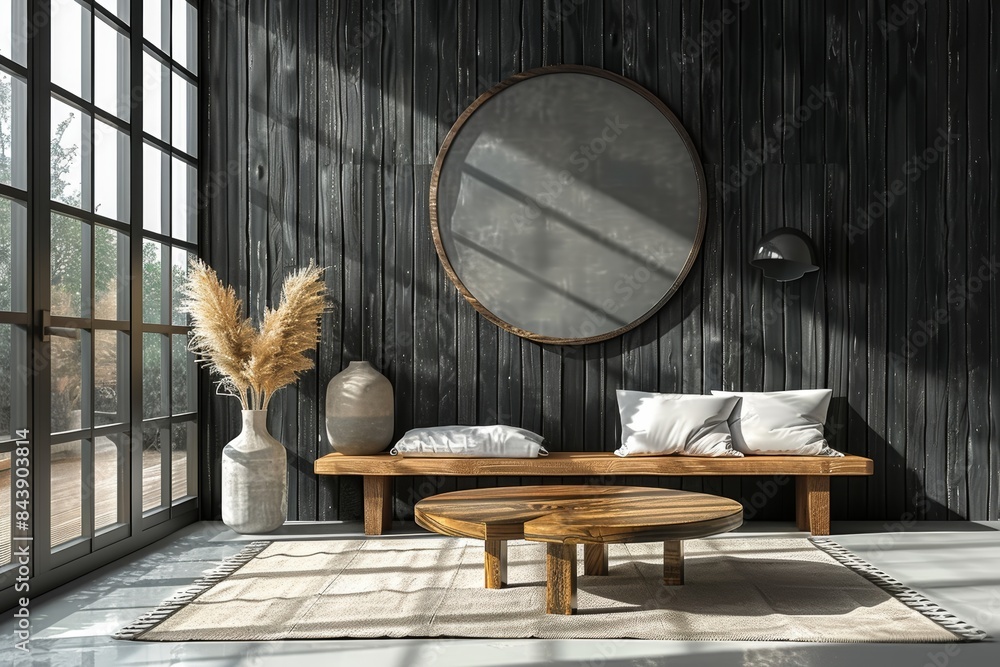 Black wood slat wall panel in the background, minimalistic and modern ...