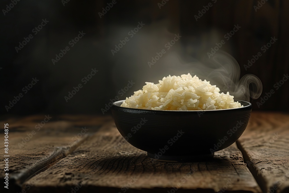 Cooked Hot Rice in Ceramic Bowl on a Black Background. Steamed White ...