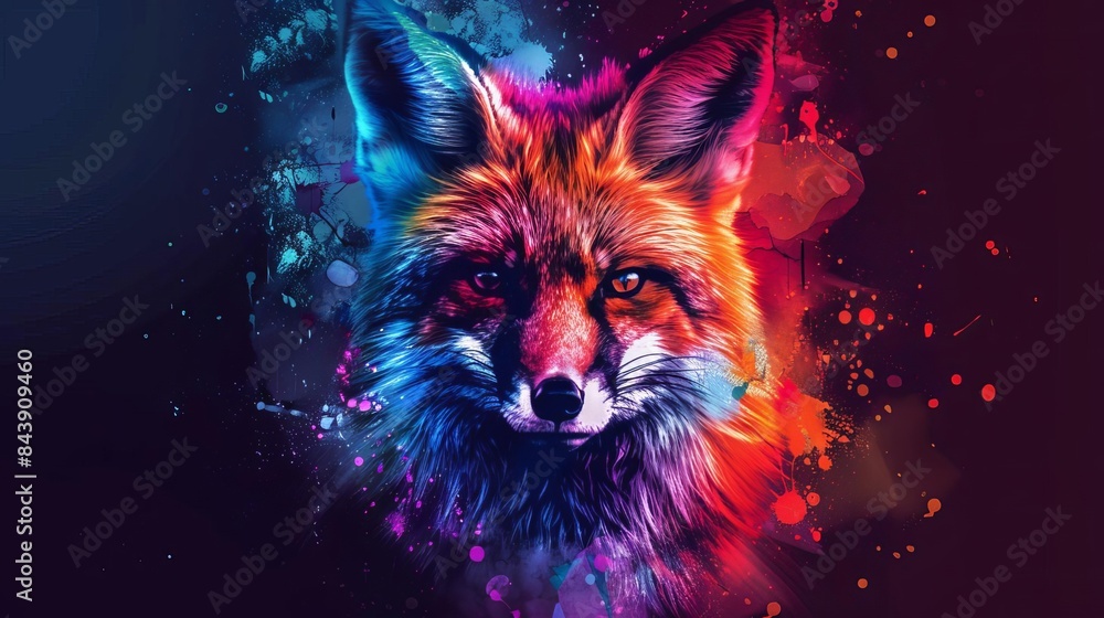 neon fox black background pop art Illustration of a fox in neon colors ...