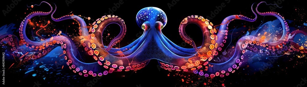 neon octopus black background pop art Illustration of an octopus in ...