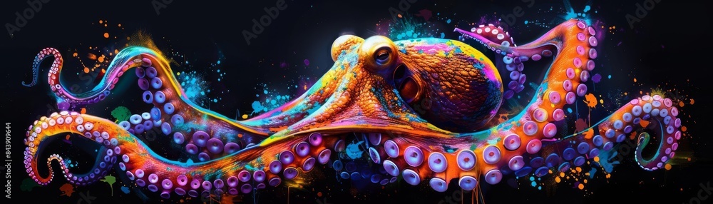 neon octopus black background pop art Illustration of an octopus in ...
