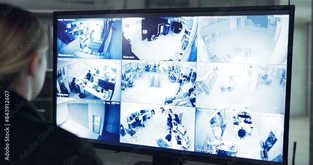 Security guard, inspection and woman by cctv monitor for protection ...