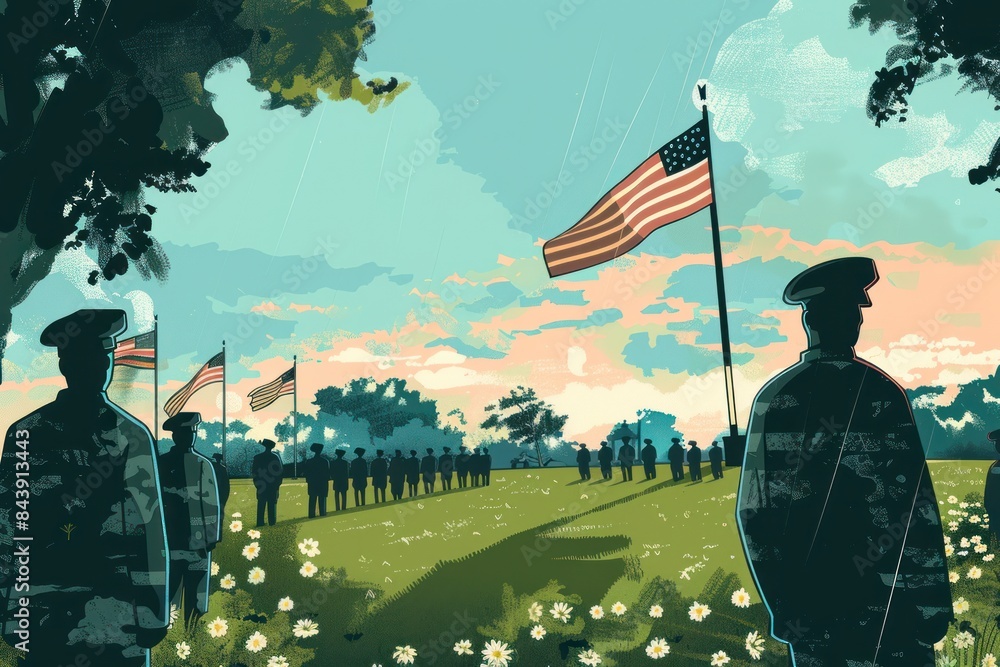 Silhouettes of military personnel at a ceremonial tribute with American ...