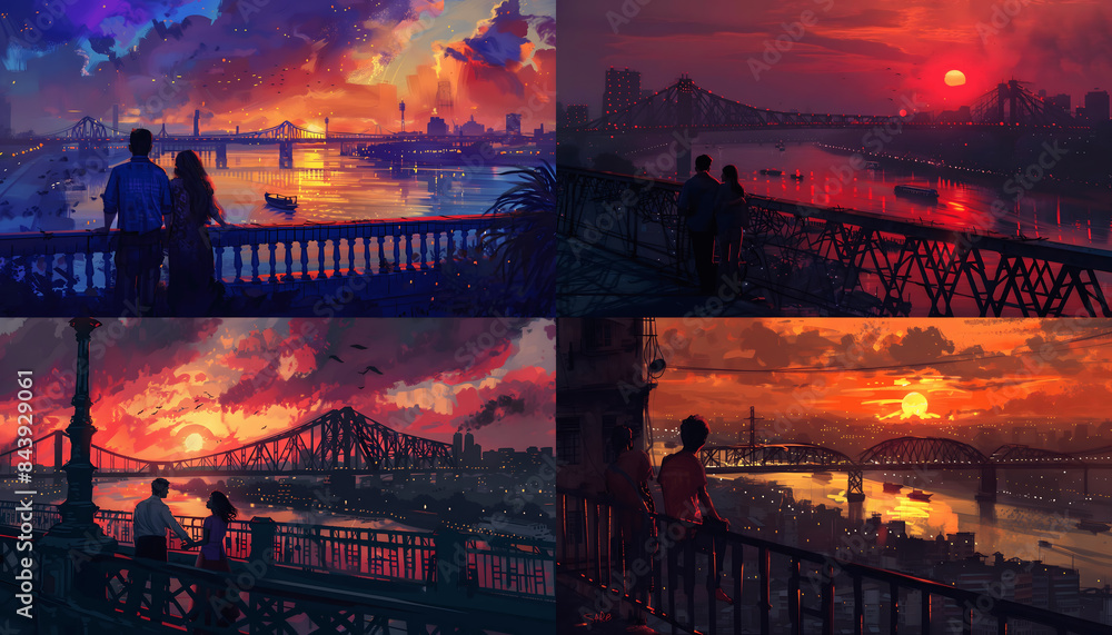 Digital artwork of a couple admiring the sunset from the iconic Howrah ...