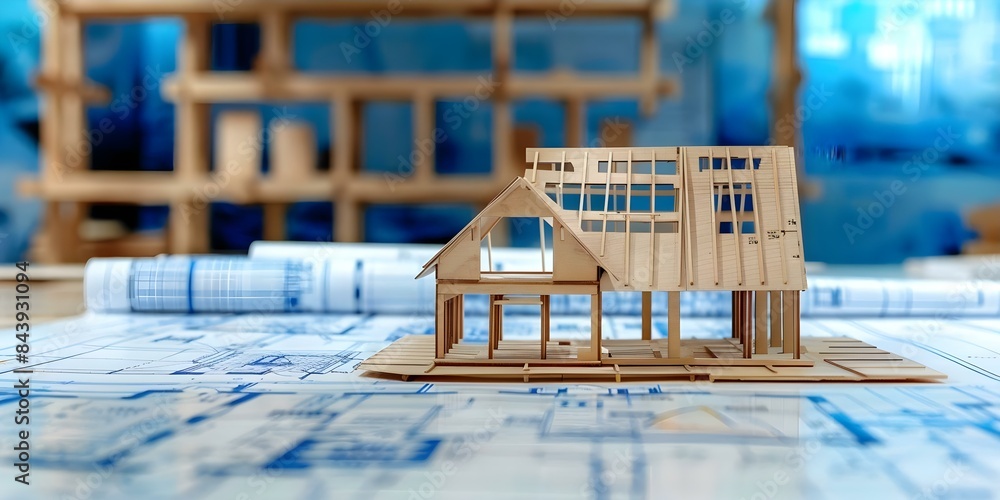Blueprints for wooden house model under construction in building ...