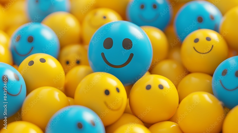 Blue happy face emoji surrounded by yellow happy face emojis Stock ...