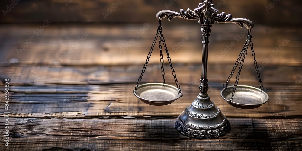 Symbolic scales of justice on dark wood background represent fairness ...