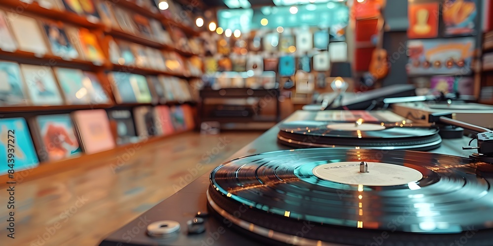 Vintage vinyl record store with colorful album covers and listening ...