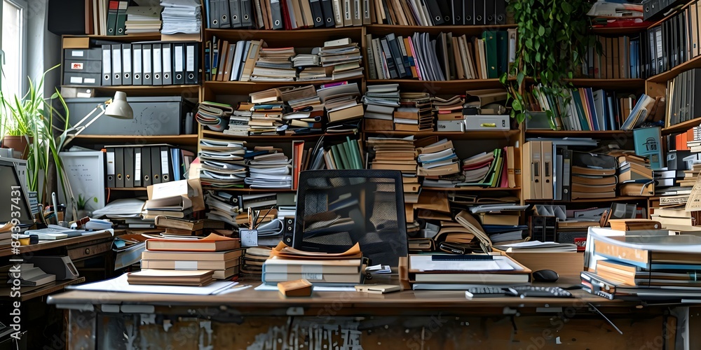 Chaotic office space with cluttered desk disorganized piles of files ...