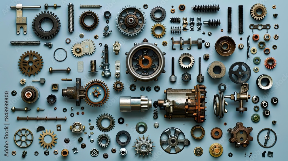 meticulously arranged collection of disassembled machine parts, each ...