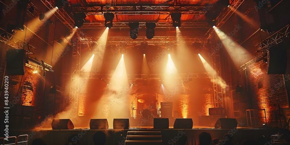 Concert stage with industrial vibe brick walls metal trusses and soft ...