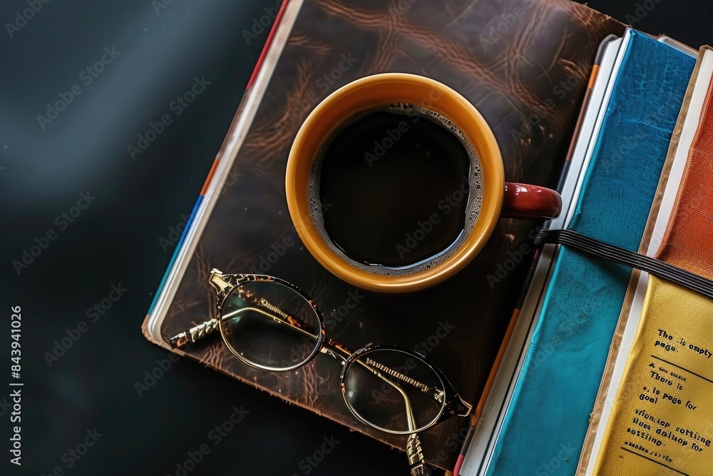 Cup of coffee, open leather notebook with colorful pages and glasses on ...