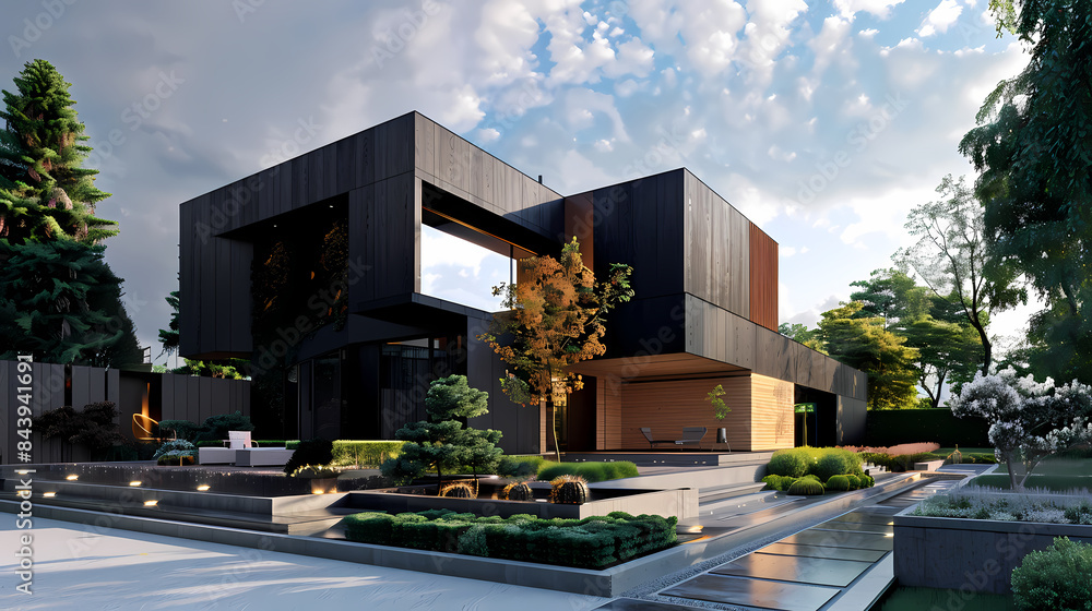 Modern, luxurious, minimalist cubic home; villa featuring black panel ...