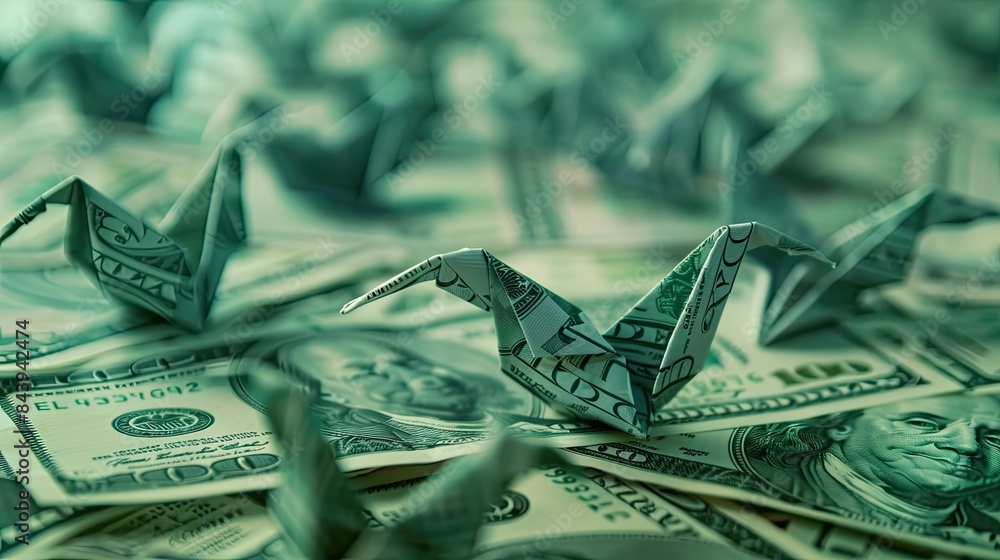 Origami dollar bills folded into symbols representing the influence of ...