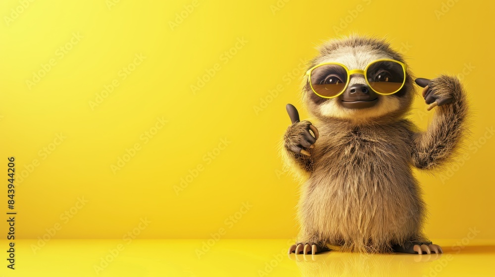 Cartoonish, anthropomorphic sloth standing upright against a bright ...