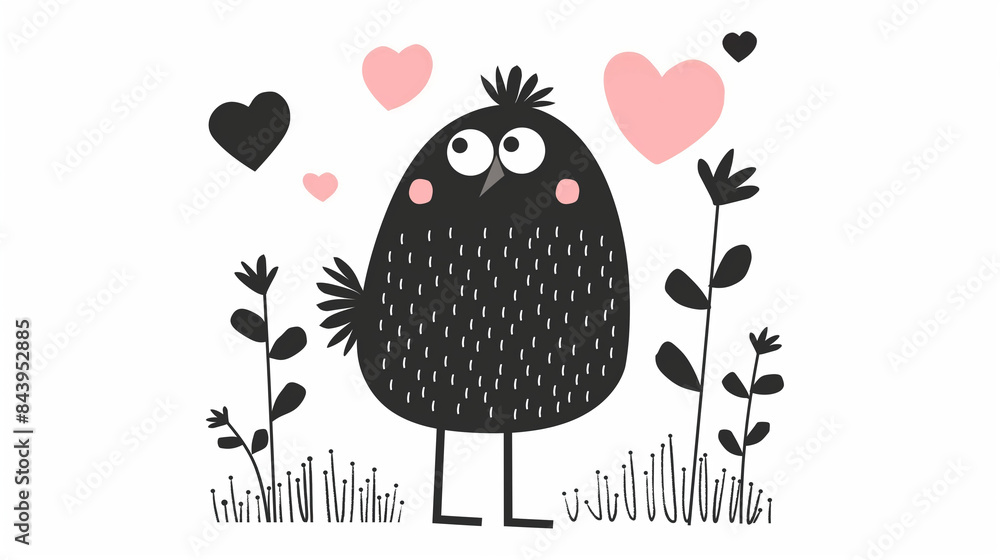 Cute, fun drawing of a stylized baby chick with heart shapes, flowers ...