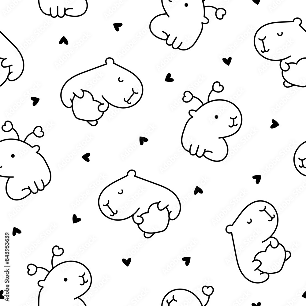 Cute cartoon kawaii capybara. Seamless pattern. Coloring Page. Animal ...