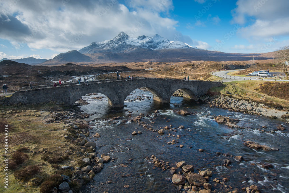 Old vintage brick bridge crossing river in Sligachan, Isle of Skye ...