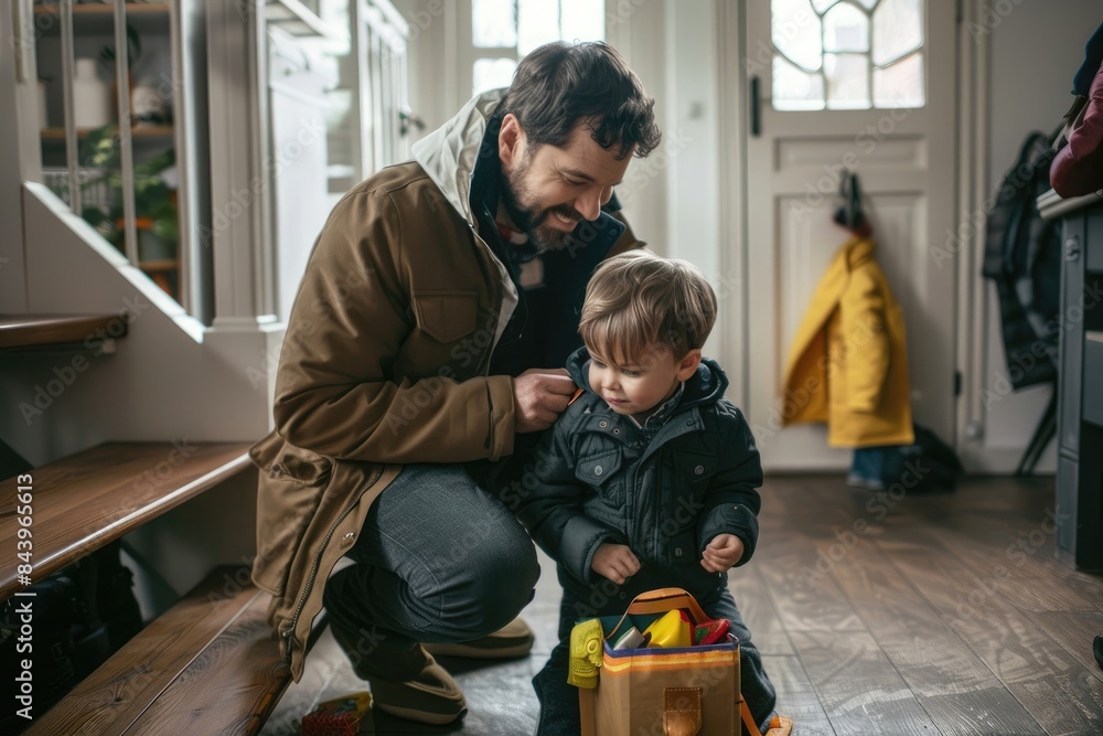 Father helping son get ready for kindergarten, preschool. Putting coat ...