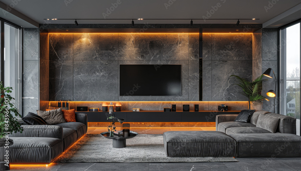 Licing room interior design with grey walls, large led on wall, neon ...