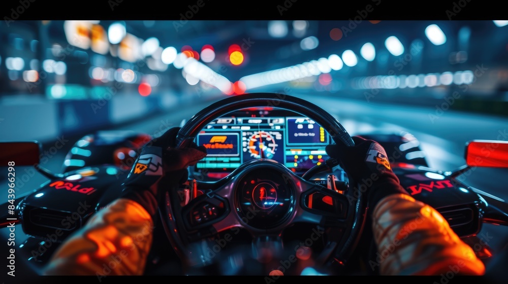 Professional racing car driver driving surrounded with panel while ...