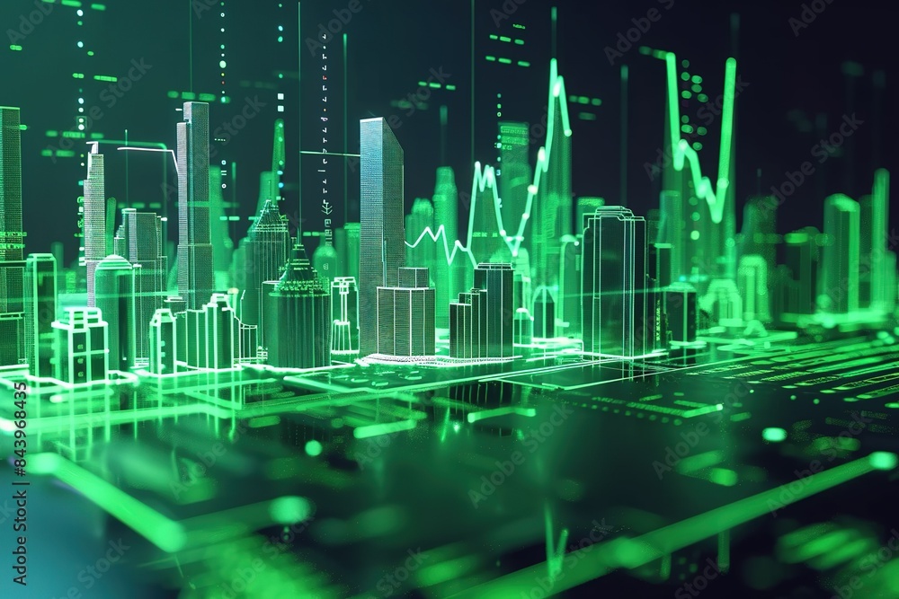 Futuristic hi tech, mechanical technology skyline with a chart on neon ...