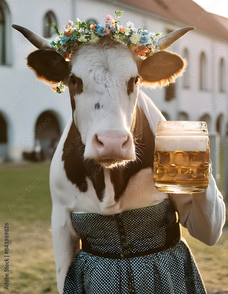 kuh, trägt, Dirndl, trinkt, bier, haltend, neu, close up, rind, wiese ...