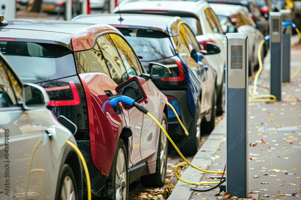 Electric Vehicle Charging row of electric vehicles charging from a ...