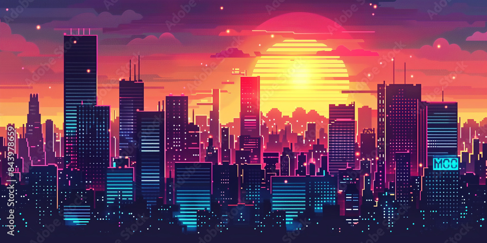 Pixel art retro wave. panorama of big city. wide banner. Space for text ...