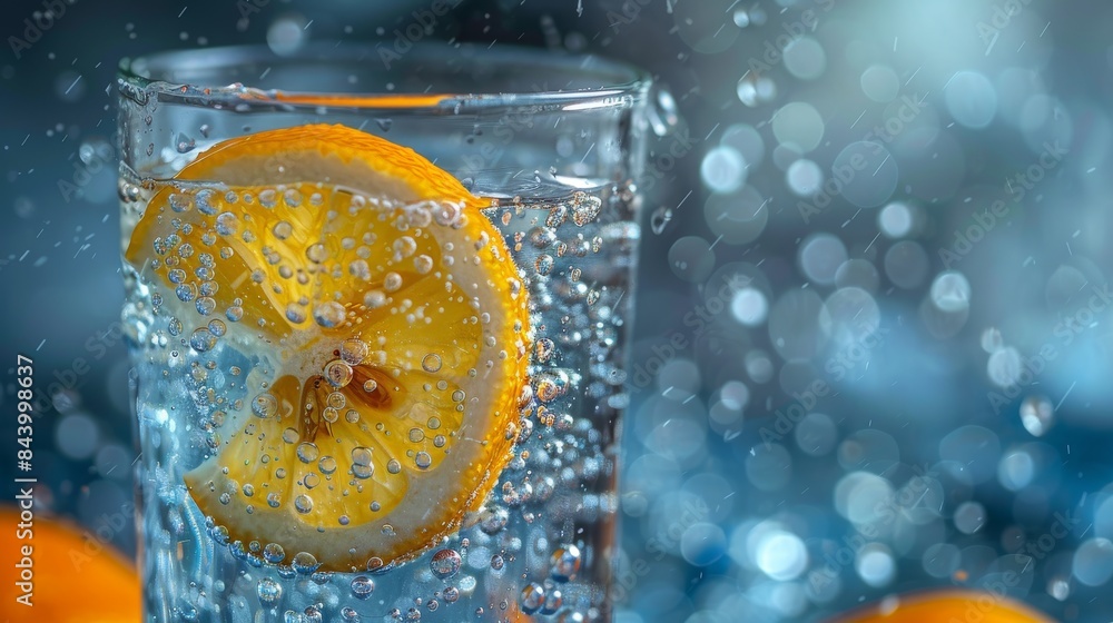 An intense close-up captures a lemon slice in sparkling water ...