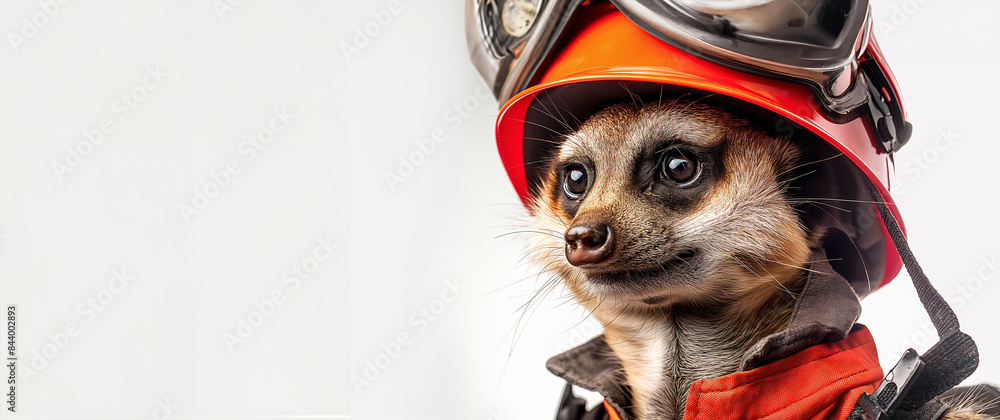 A small animal wearing a red helmet and orange jacket. The animal has a ...