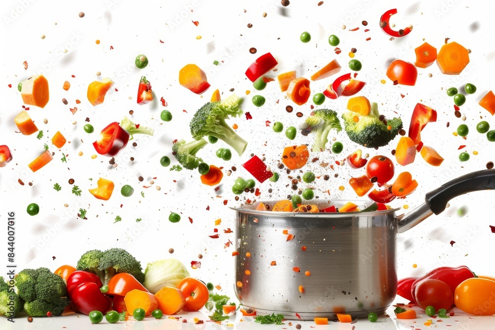 Vegetables falling to saucepan isolated, flying food, vegetable soup ...