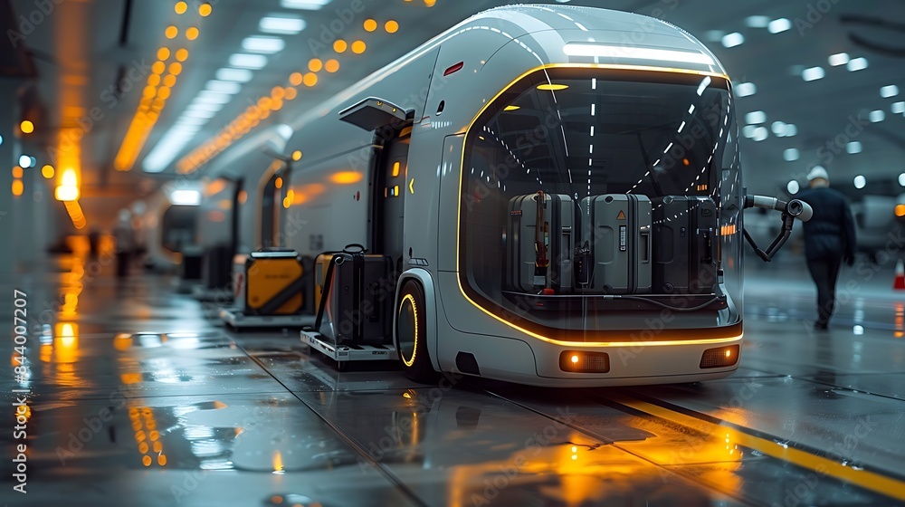 Baggage Handlers using automated robots transfer luggage to a ...