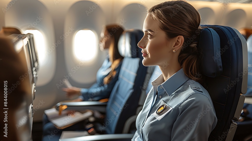 Cabin Crew demonstrating safety procedures passengers before takeoff ...