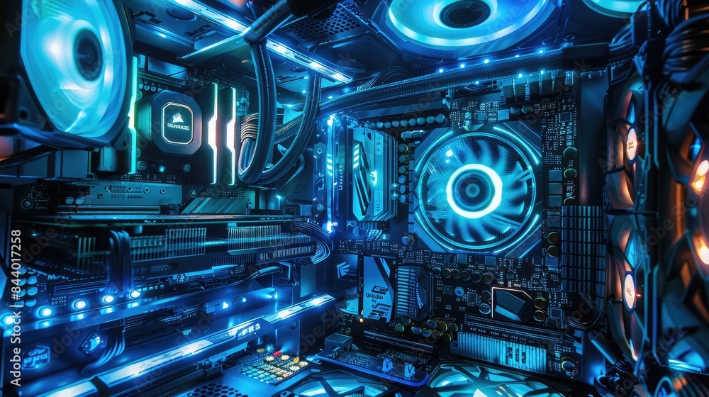 The image shows a high-end gaming PC build with a blue and black theme ...